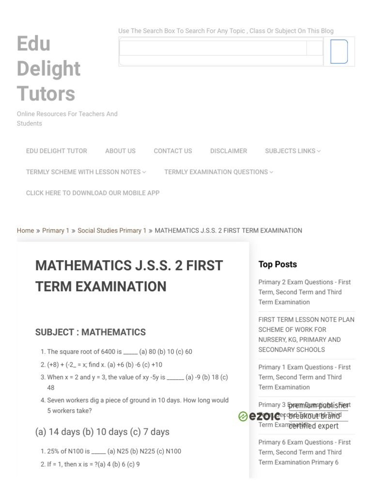 Mathematics J.S.S. 2 First Term Examination | PDF | Educational ...