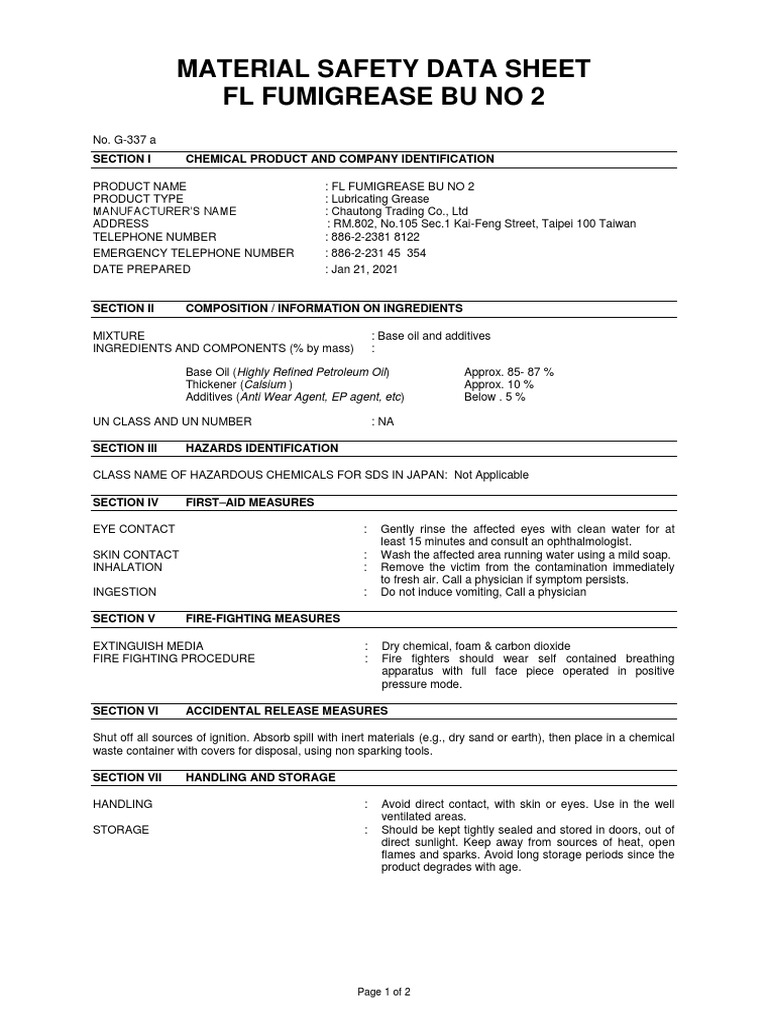 Msds Fumigrease Bu No 2 | PDF | Dangerous Goods | Physical Sciences