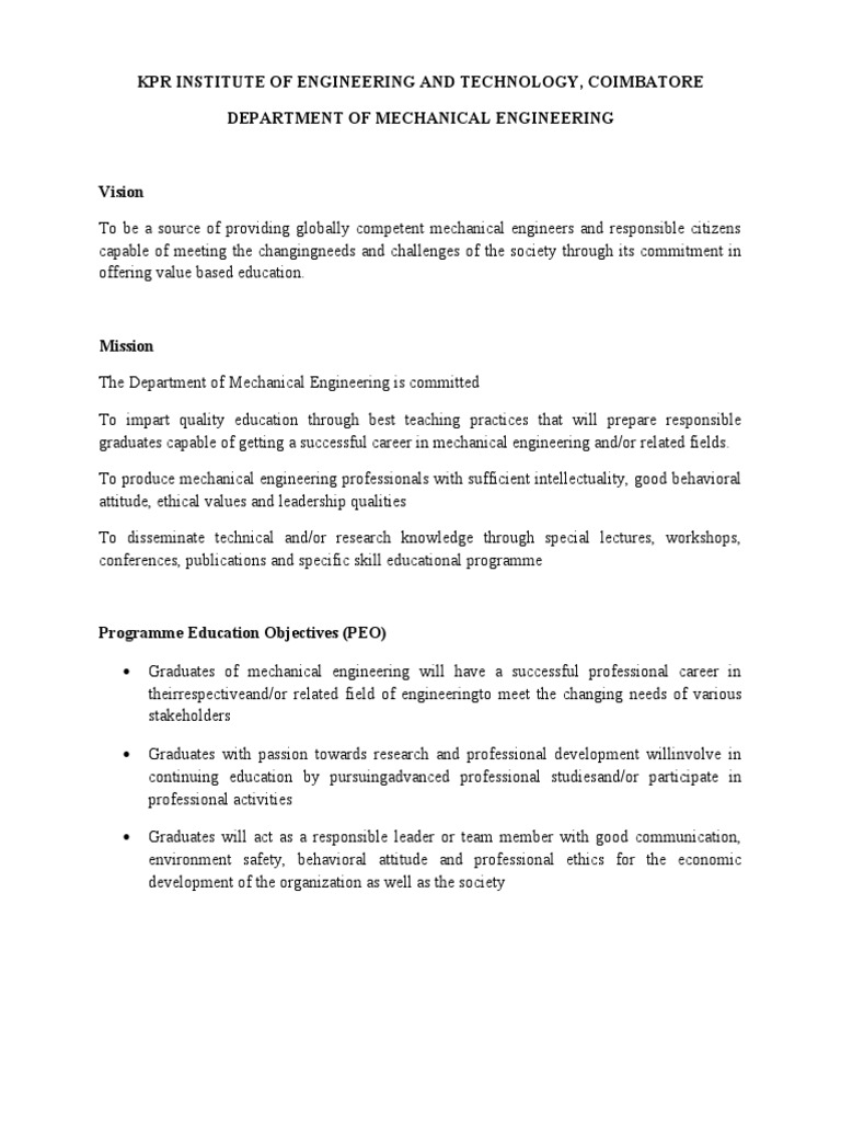 Mech Vision, Mission, PEO, PO | PDF | Engineering | Mechanical Engineering