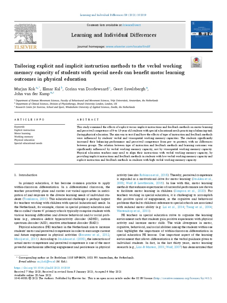 Tailoring Explicit and Implicit Instruction Methods To The Verbal Working | PDF | Learning ...