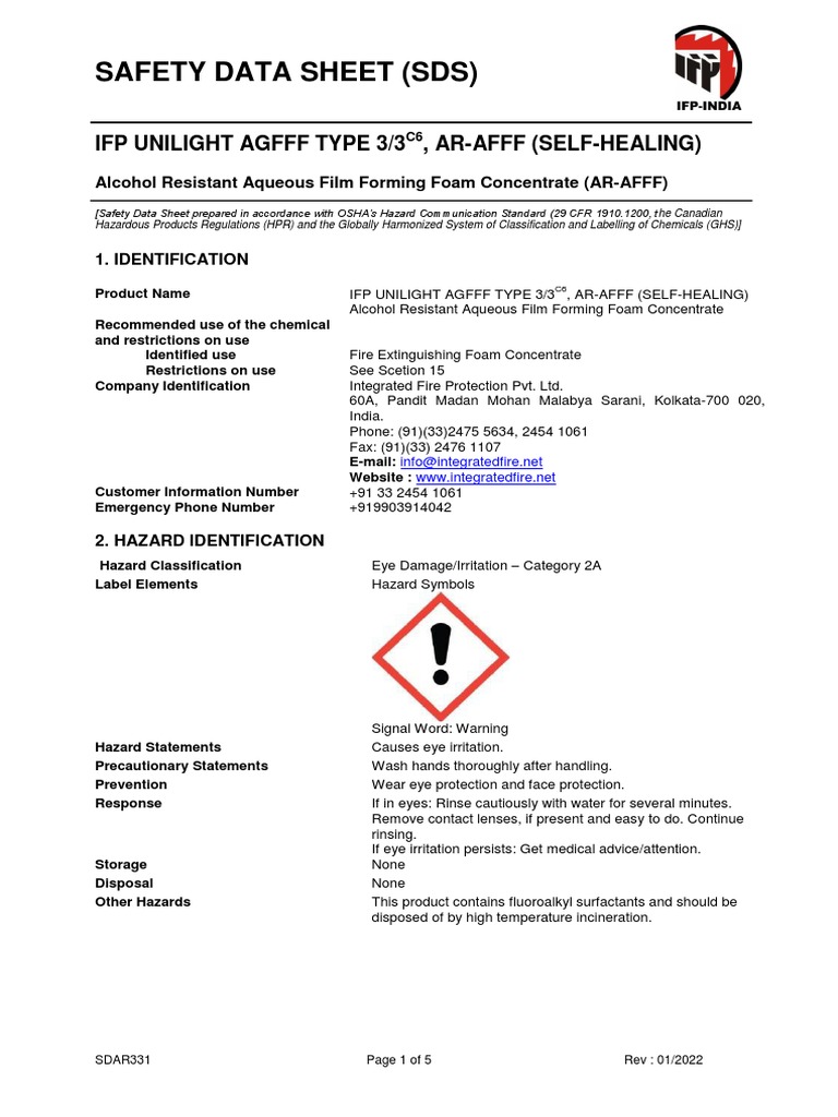 SDS Ar-Afff 3-3C6 | PDF | Dangerous Goods | Toxicity