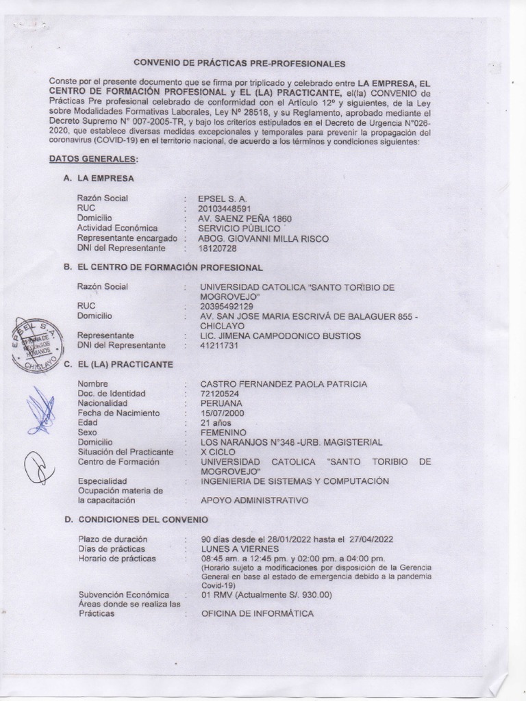 Convenio de Practicas Pre-Profesionales | PDF