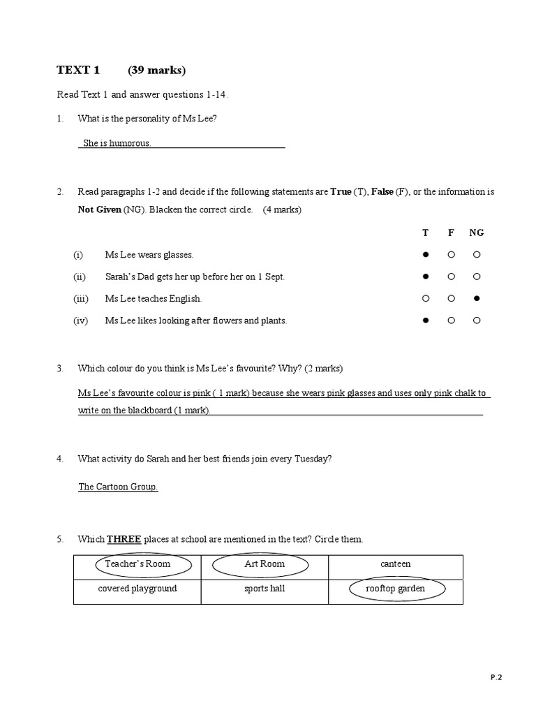 1920 S1 T1 Revision Paper (Reading) - Suggested Answers | PDF