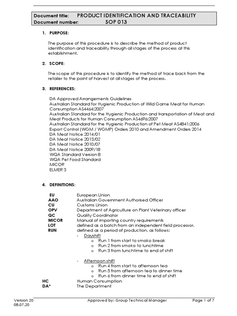 SOP 013 Product Identification and Traceability | PDF | Meat | Foods