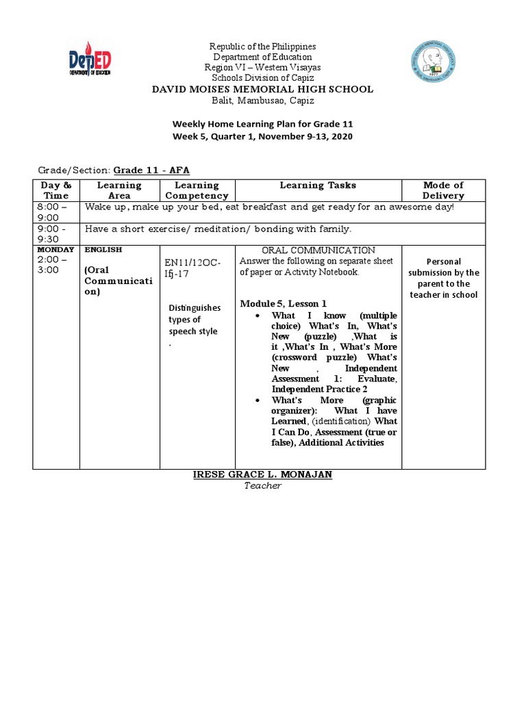 Weekly-Plan-In-Oral Com Week 5 (Afa) | PDF | Behavior Modification | Learning