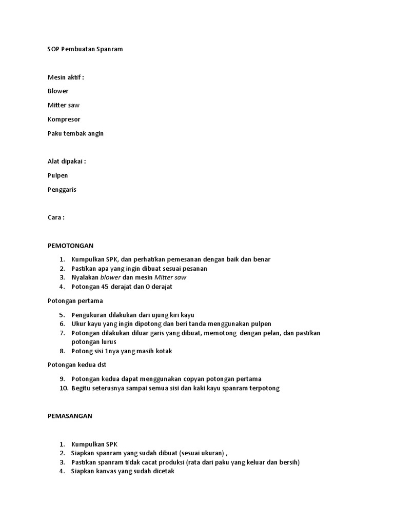 SOP Pembuatan dan Pemasangan Spanram | PDF | Perjalanan | Memasak ...