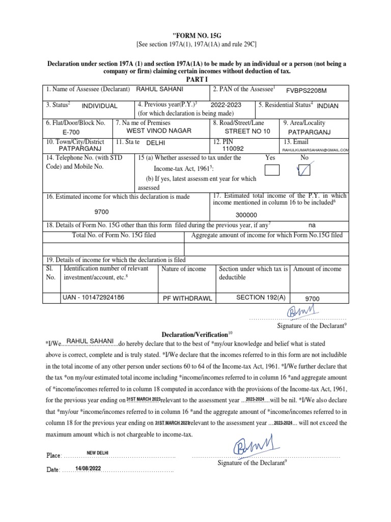 Form No. 15G Tax Declaration Guide | PDF | Income Tax | Payments