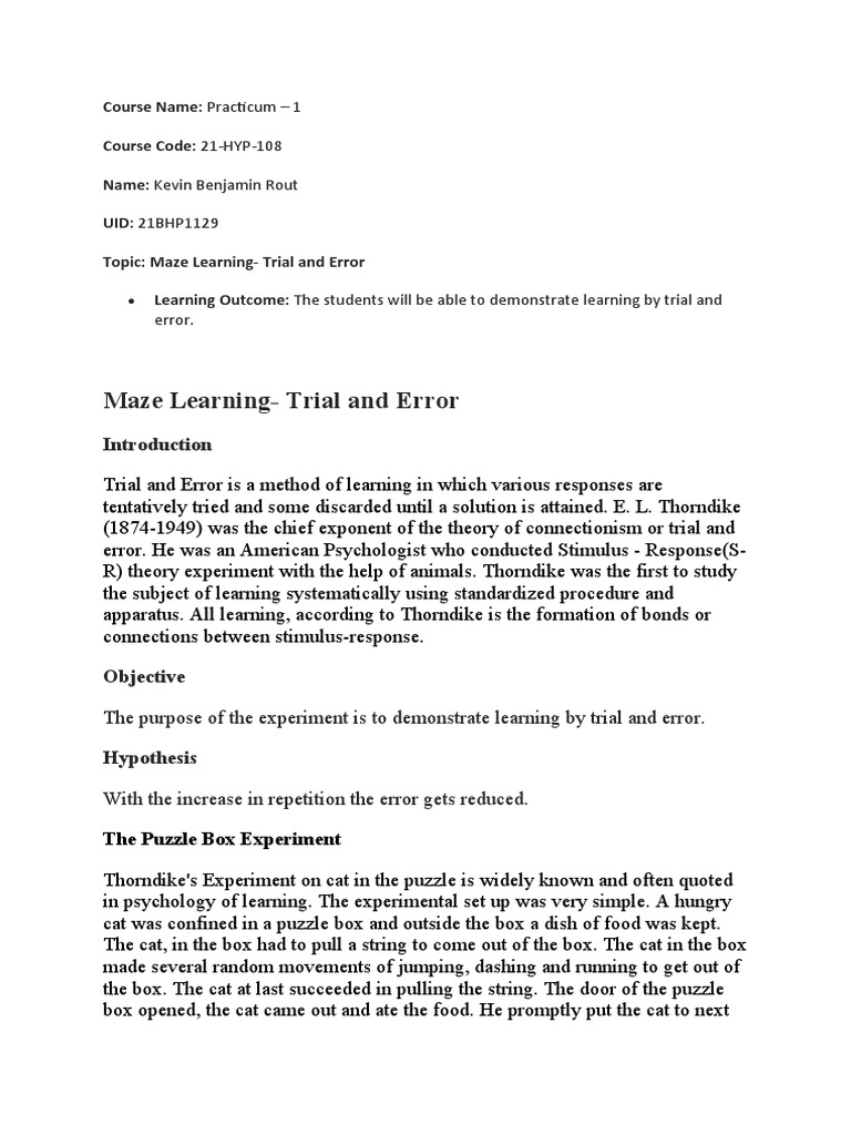 Maze Learning Kevin MST 1 Practical | PDF | Experiment | Learning