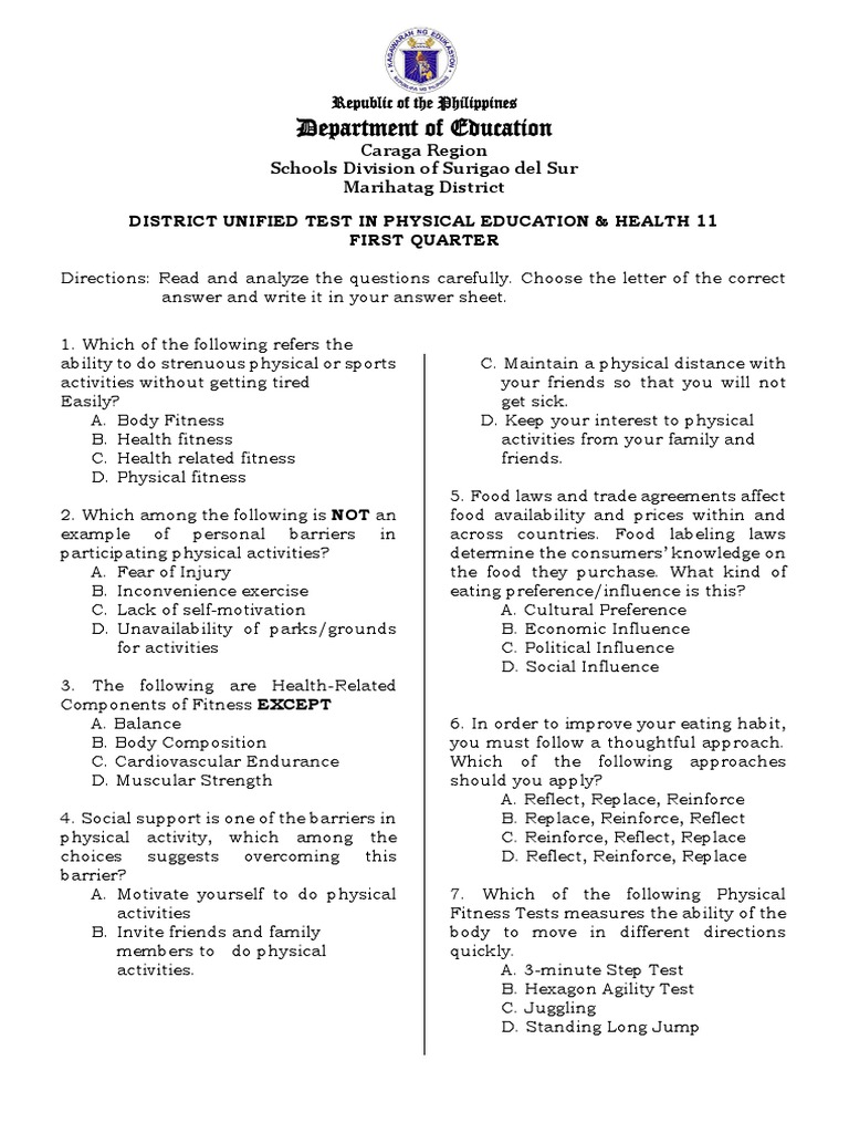 P.E. and Health 11 - First Quarter Examination | PDF | Physical Fitness ...