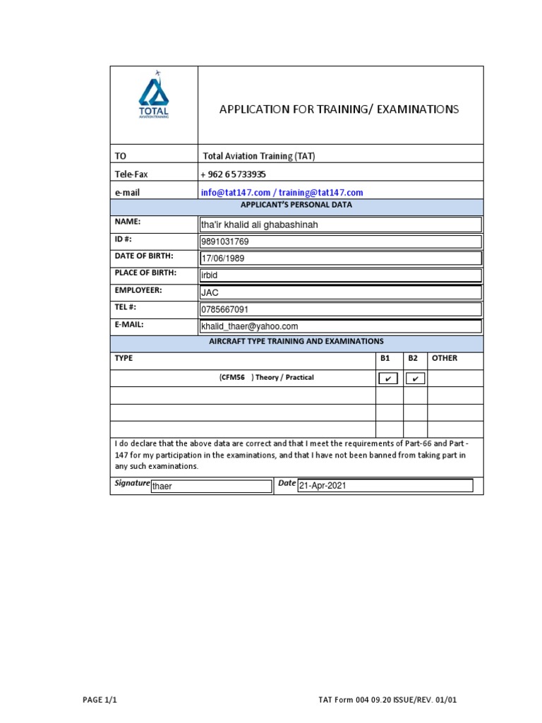 Application For Examination Tat Form 004 - Fillable - b737cl | PDF