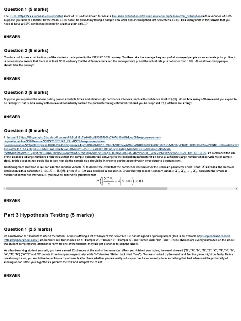 Question 1 (5 Marks) : Part 3 Hypothesis Testing (5 Marks) | PDF ...