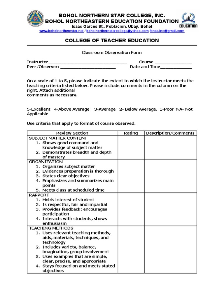 Classroom Observation Form | PDF | Teaching Method | Classroom