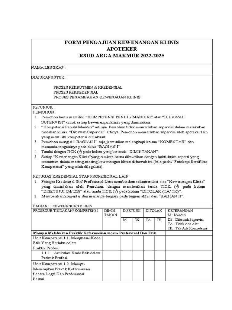 Form Pengajuan Kewenangan Klinis | PDF