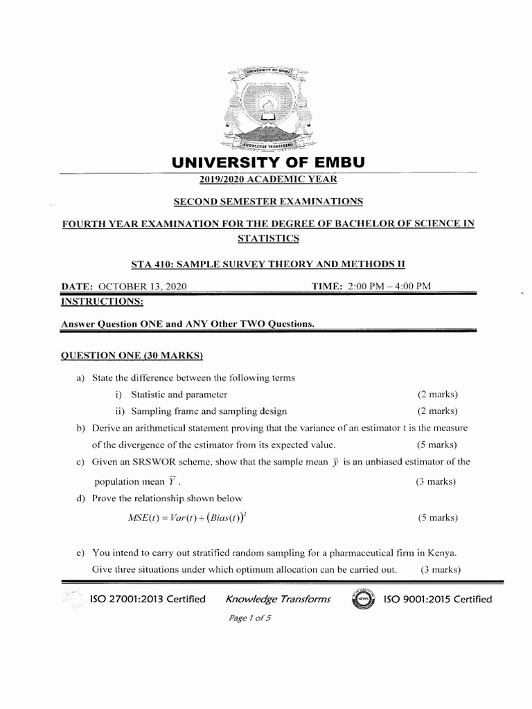 STA 410 Sample Survey Theory Exam | PDF | Estimator | Bias Of An Estimator