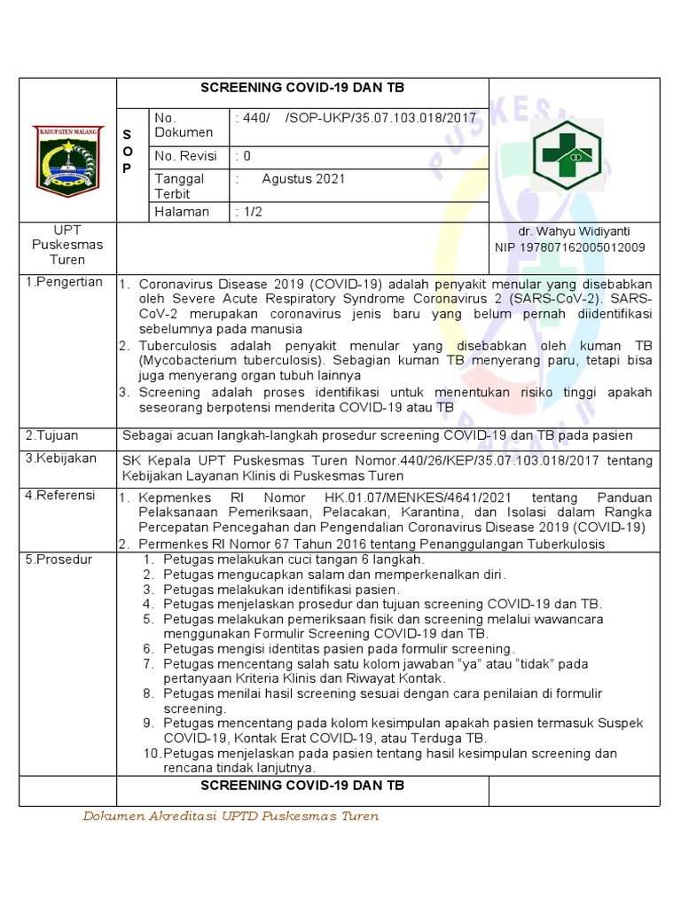 Sop Screening Covid TB Revisi | PDF