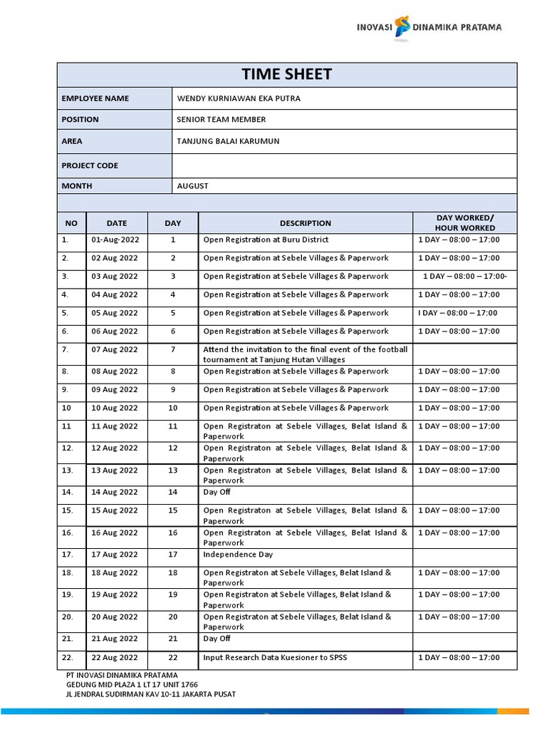 Timesheet - August 2022 - An Wendy Kurniawan | PDF
