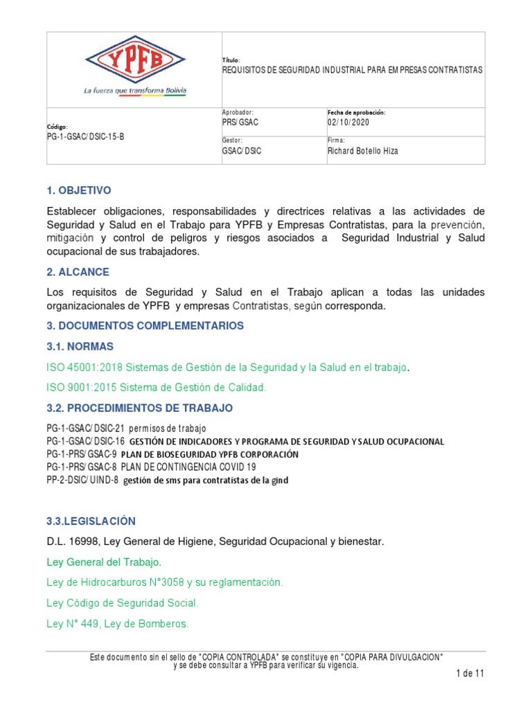 Requisitos de Seguridad Industrial para Empresas Contratistas | PDF | Seguridad y salud ...