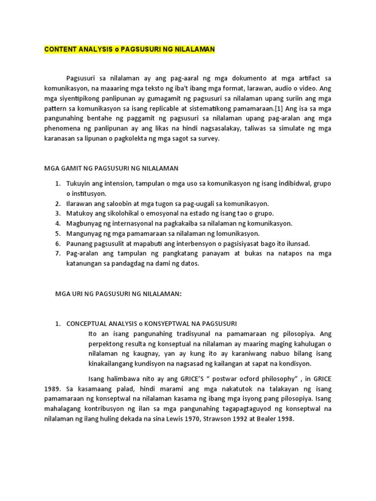 Content Analysis o Pagsusuri NG Nilalaman | PDF