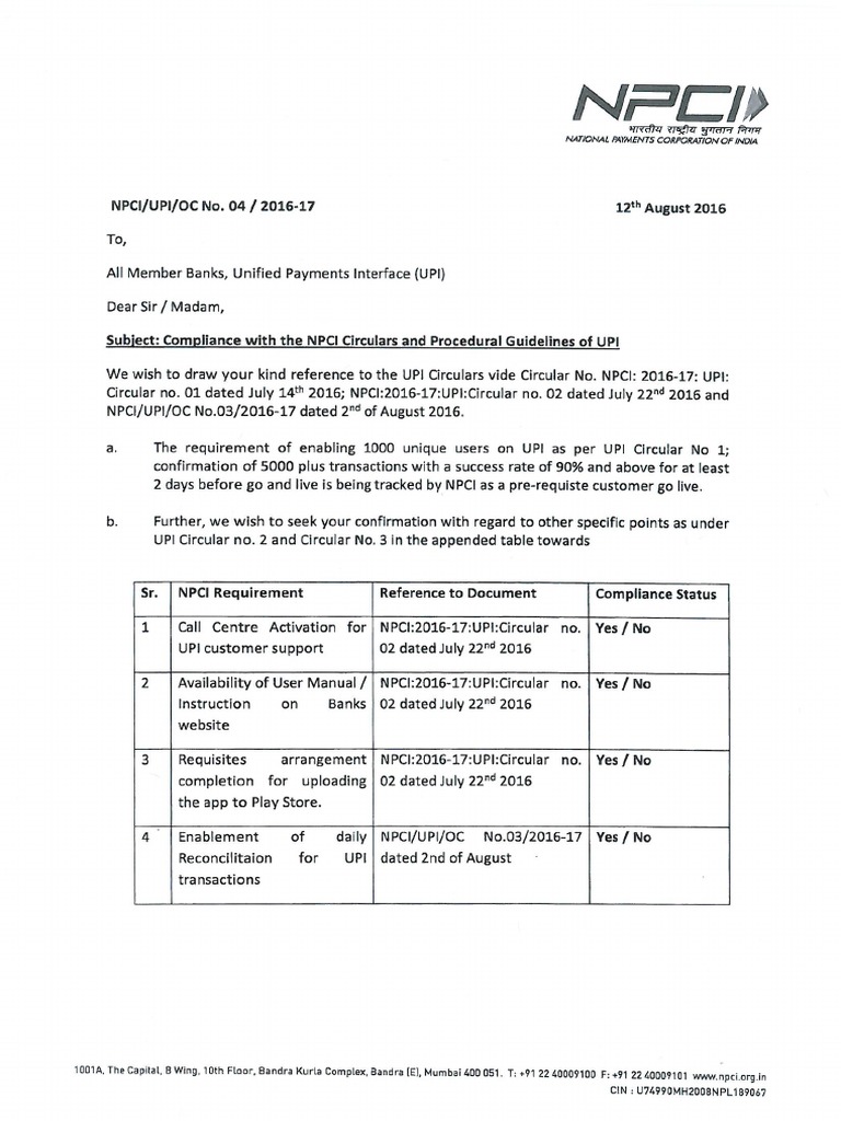 Circular04 Compliance With The NPCI Circulars and Procedural Guidlines of UPI | PDF