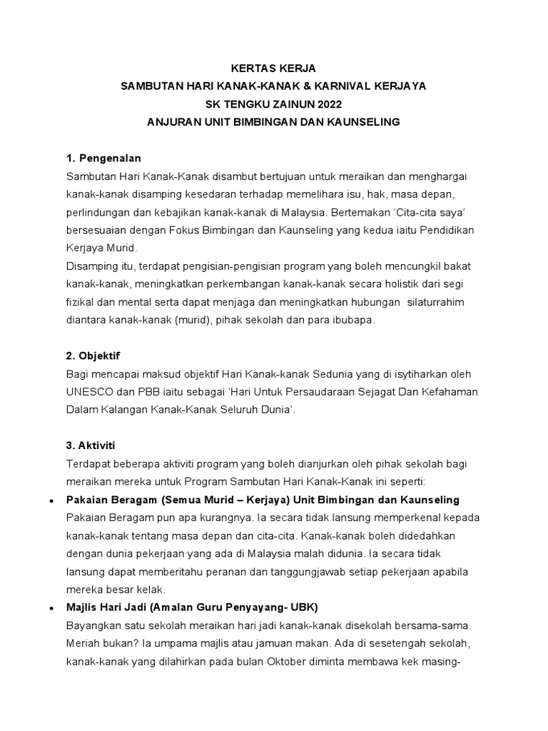 Kertas Kerja Hari Kanak-Kanak | PDF