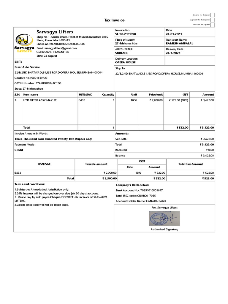 Tax Invoice - SL 20-21 1090 - 28 - 01 - 21 - Essar | PDF | Market ...