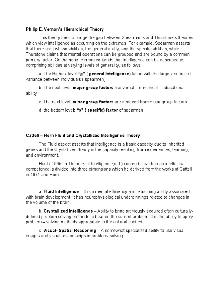 Philip E. Vernon's Hierarchical Theory and Cattell-Horn Fluid and Crystallized Intelligence ...