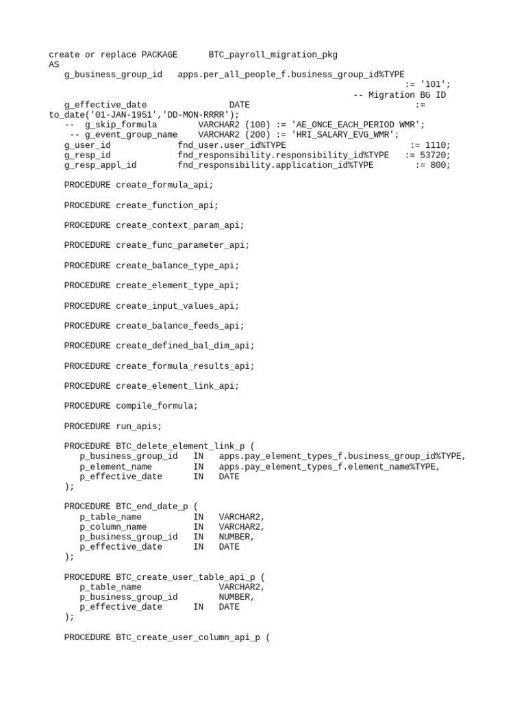 BTC Payroll Migration PKG | PDF | Boolean Data Type | Parameter (Computer Programming)