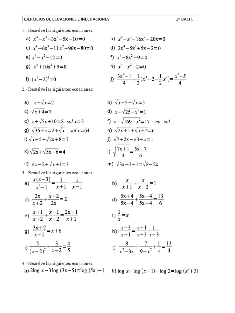 Ejercicios de Ecuaciones e Inecuaciones 1º Bach | PDF
