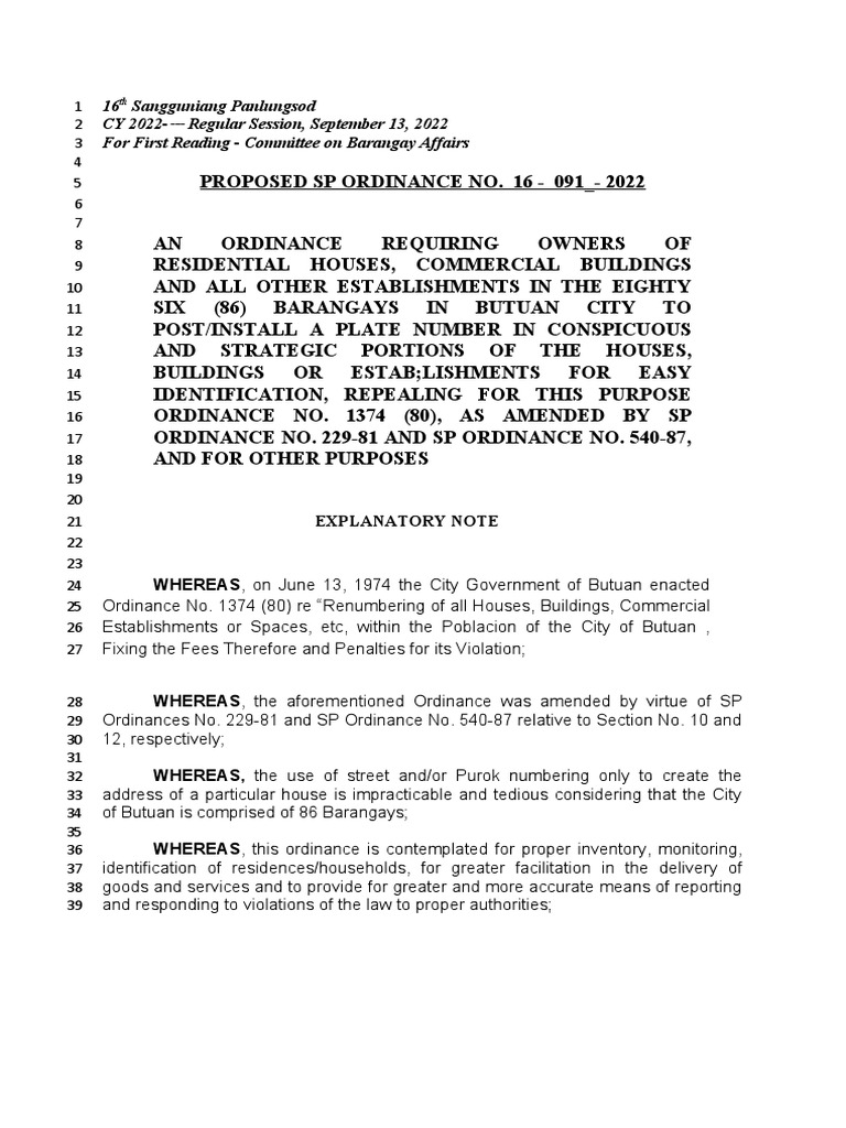 SP Ordinance No. 16 - 091 - 2022 Re Numbering of Houses ...