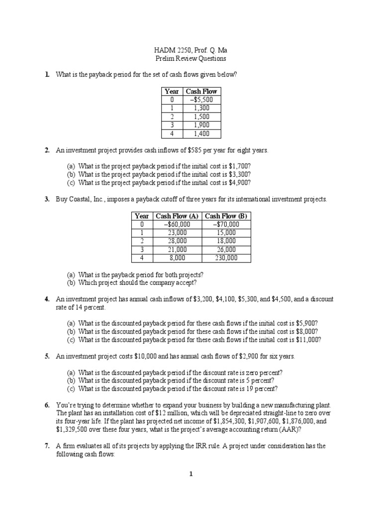 Analysis of Capital Budgeting Techniques: Sample Exam Questions for HADM 2250 | PDF | Net ...