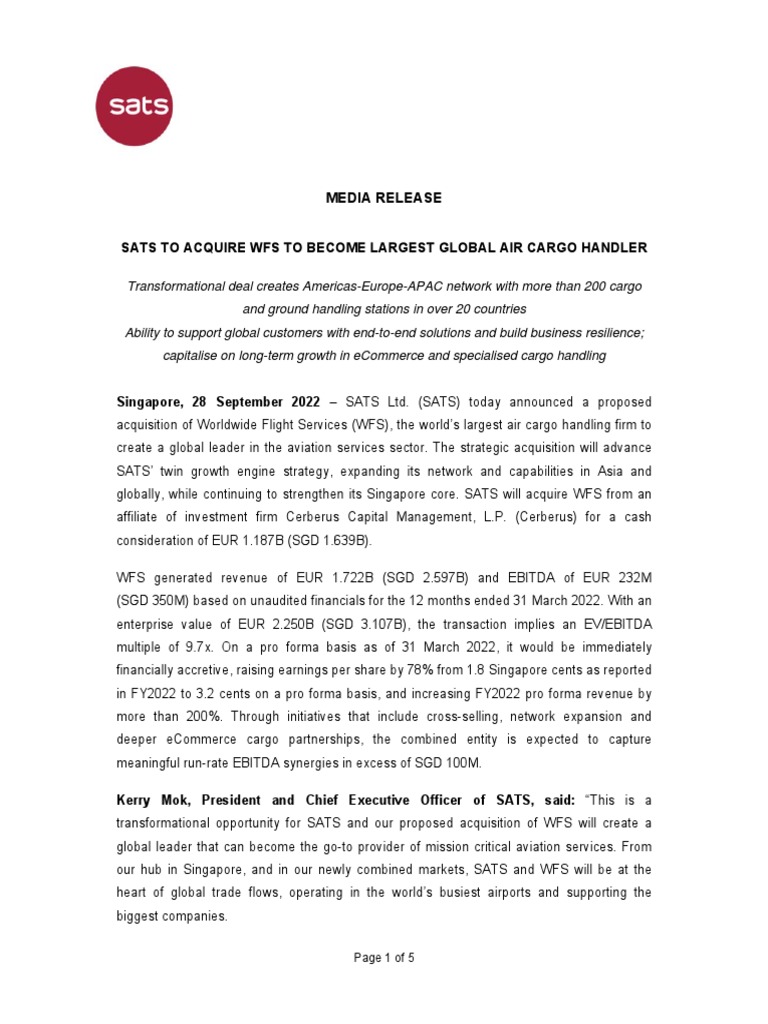 Sats Media Release On Proposed Wfs Acquisition 20220928 | PDF ...