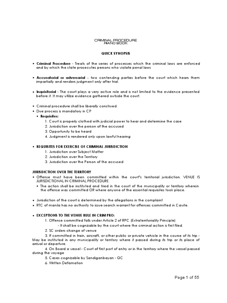 Criminal Procedure Riano Reviewer Summary | PDF | Prosecutor | Arrest