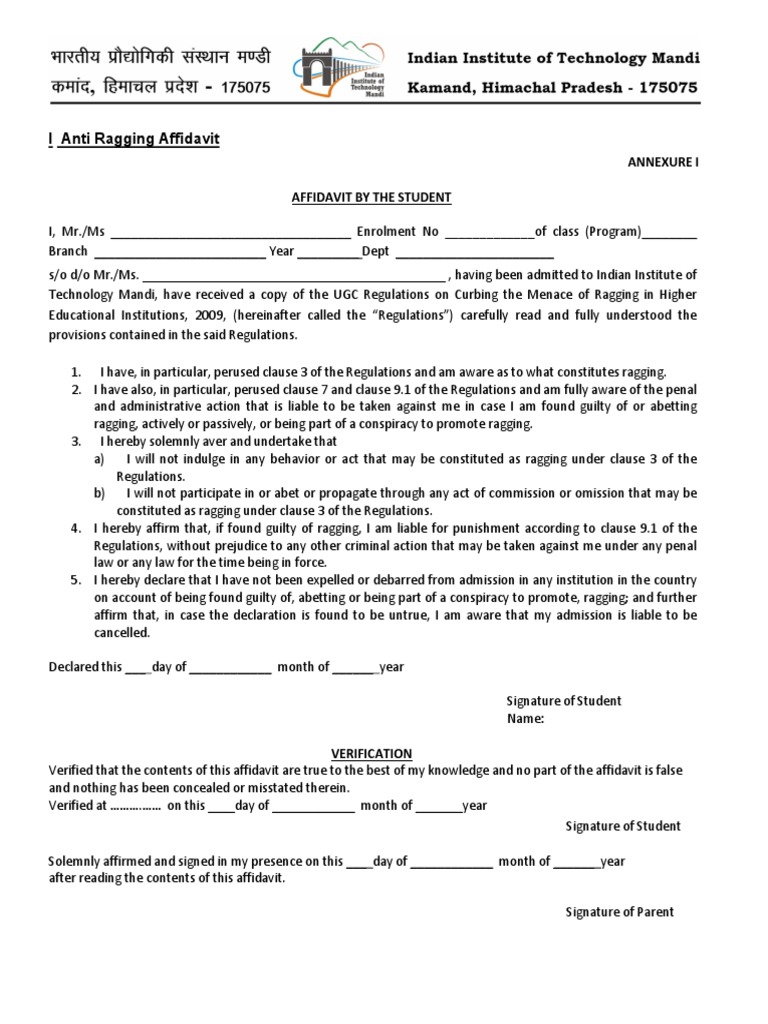 Anti Ragging Undertakingforms | PDF | Affidavit | Justice