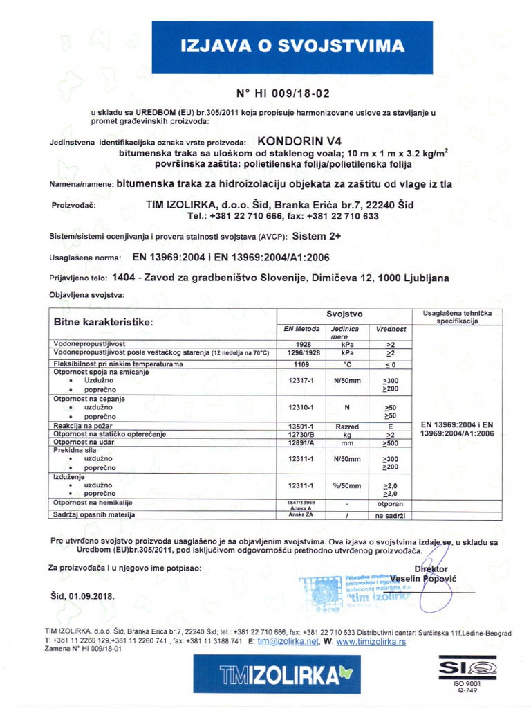 KONDORIN V4 (Izjava o Svojstvima) | PDF