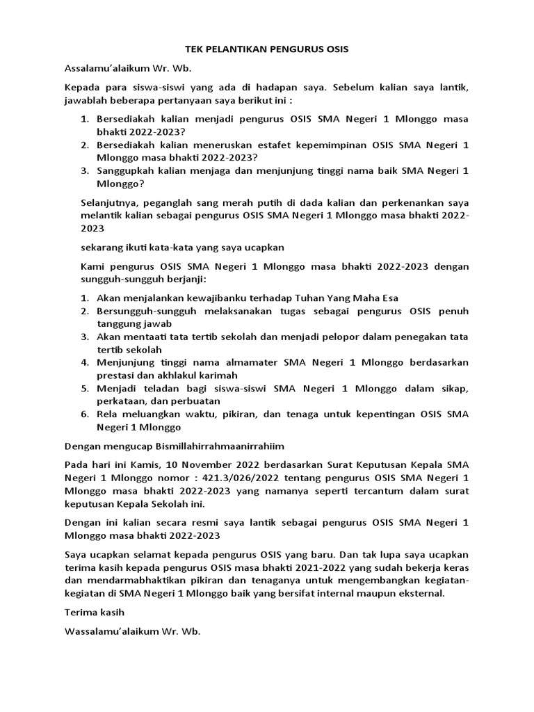 Tek Pelantikan Pengurus Osis | PDF