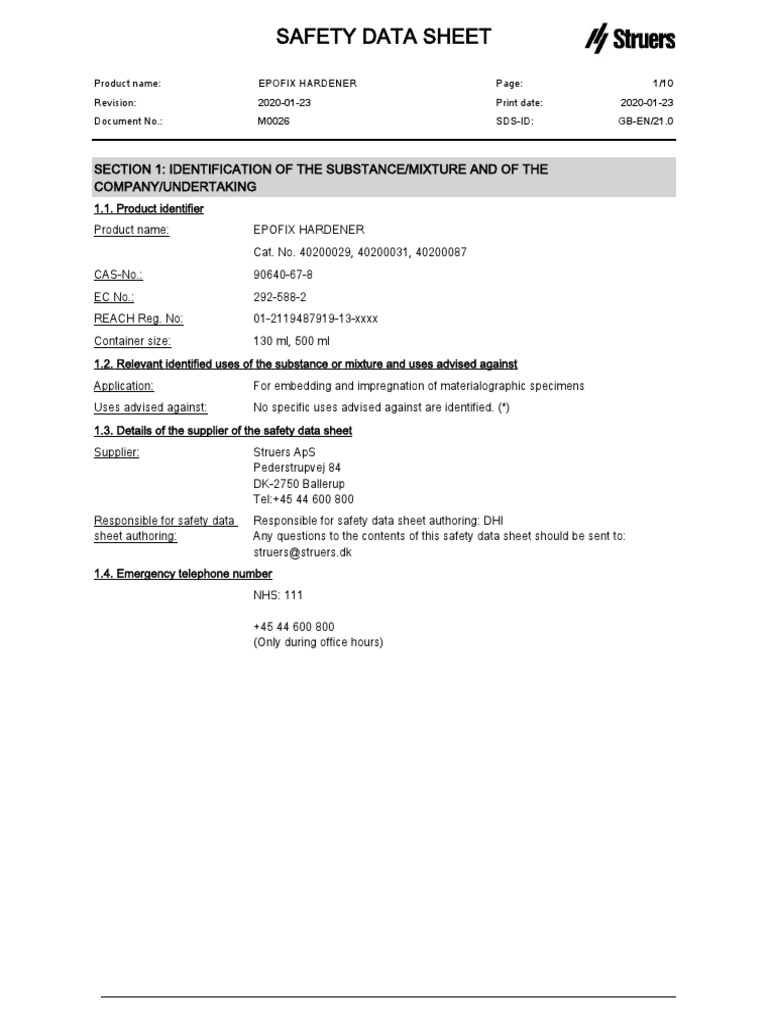 SDS Epofix Hardener GB en M0026 | PDF | Toxicity | Dangerous Goods