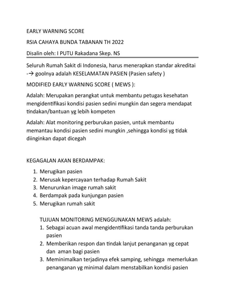 Skor MEWS untuk Monitoring Pasien | PDF