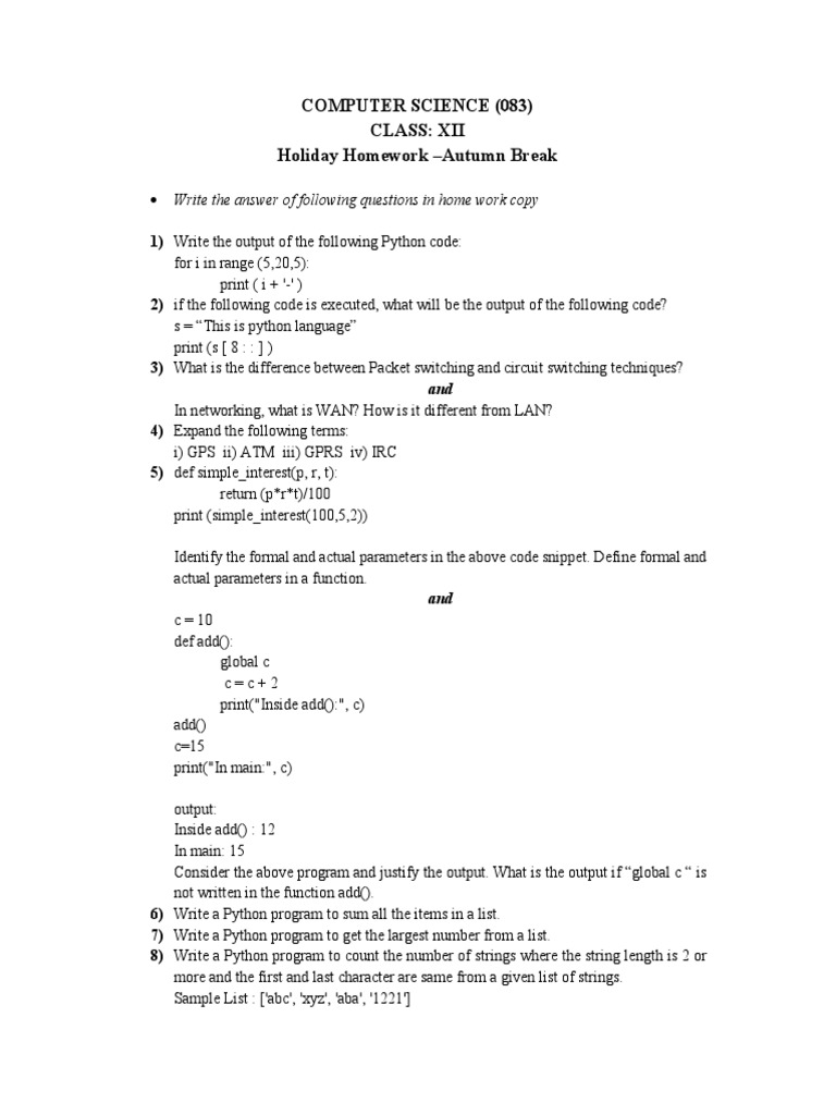 Computer Sci Class 12 Holiday Homework Pdf String Computer Science Parameter Computer