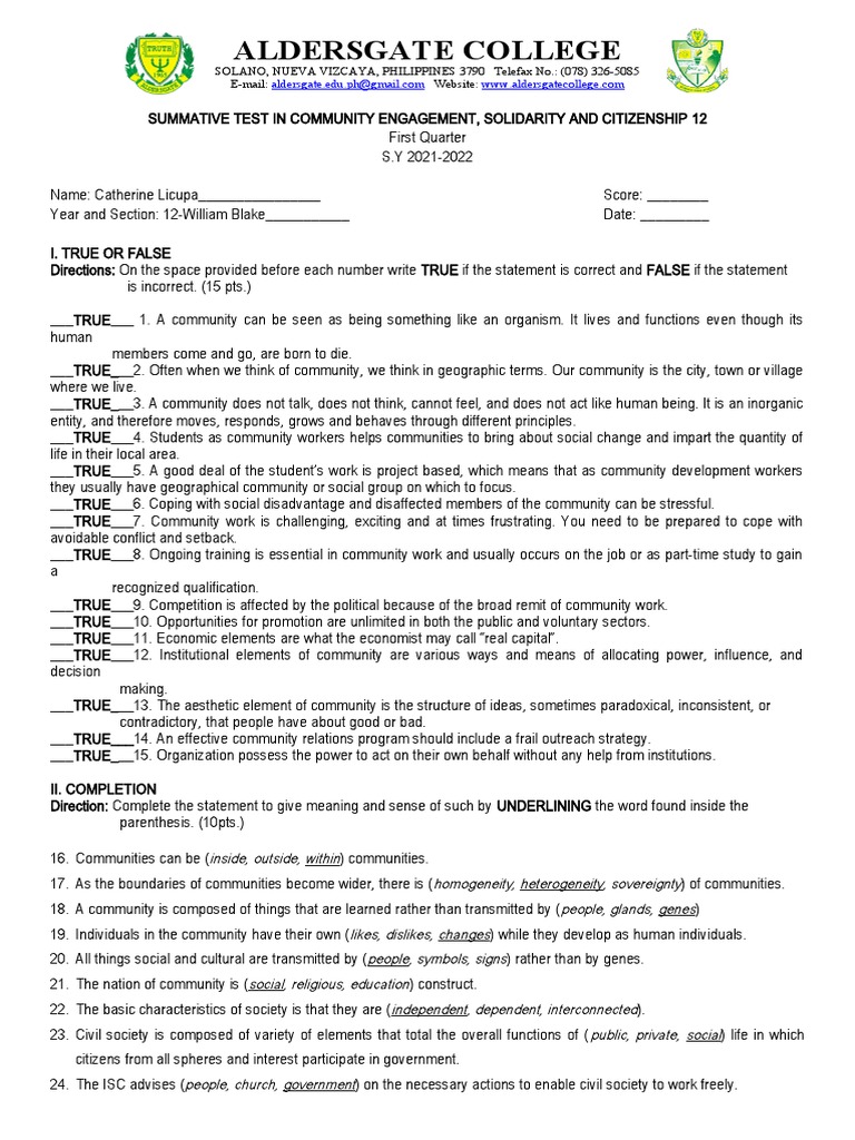 Summative Test-CESC (1st Quarter) - 1 | PDF | Community | Citizenship