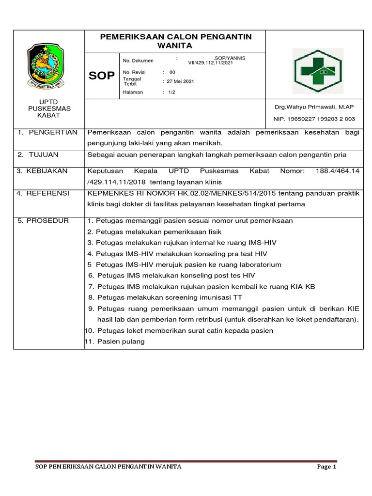 SOP Pemeriksaan Catin Wanita | PDF