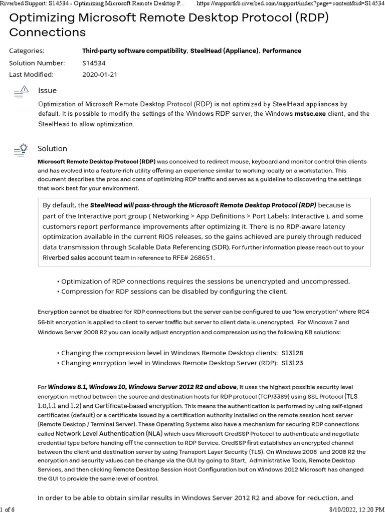 Riverbed Support S14534 - Optimizing Microsoft Remote Desktop Protocol ( RDP) Connections | PDF ...