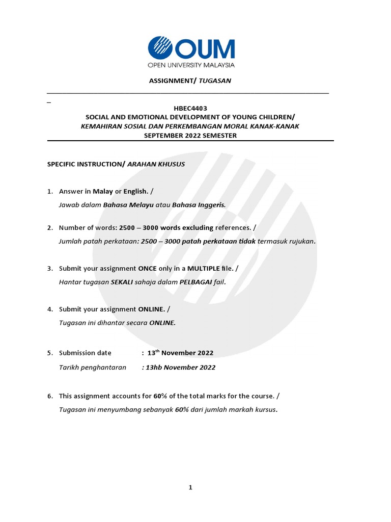 Assignment/ Tugasan HBEC4403 Social and Emotional Development of Young Children/ September 2022 ...