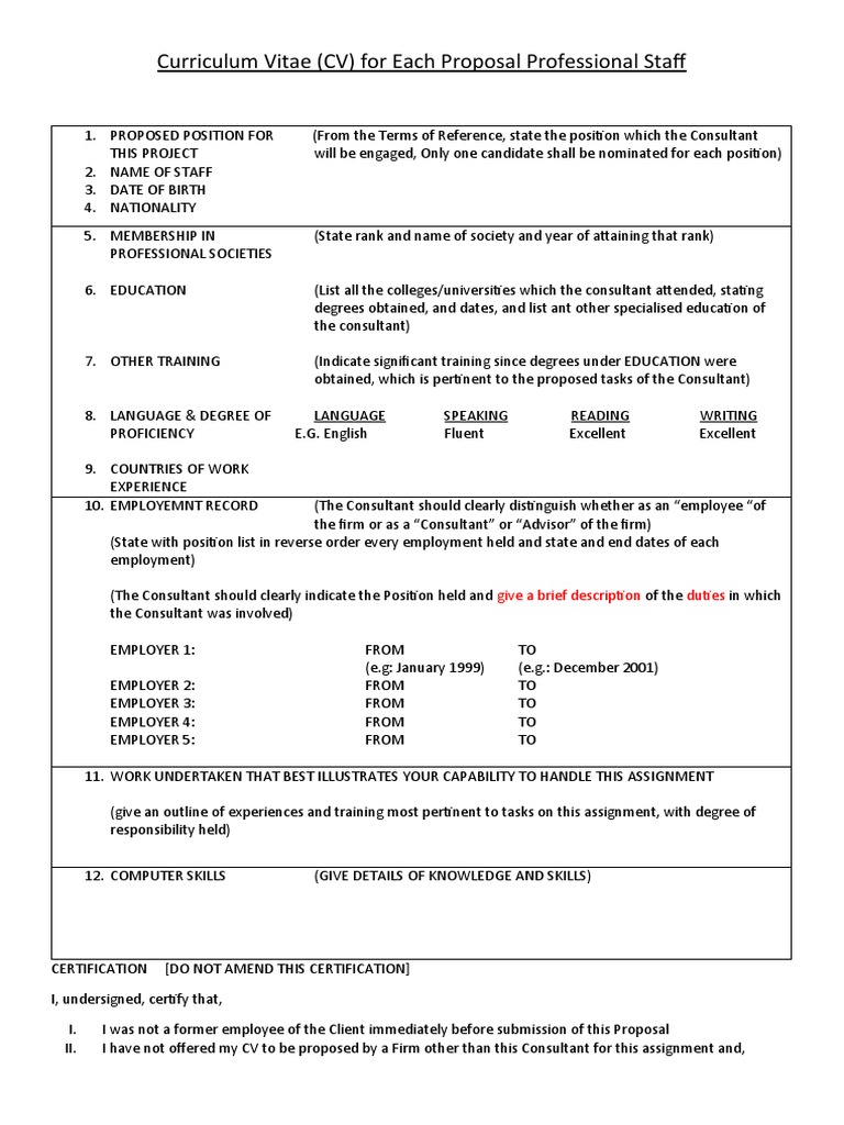 Form 5A8 - CV For Each Professional Staff | PDF | Consultant | Employment