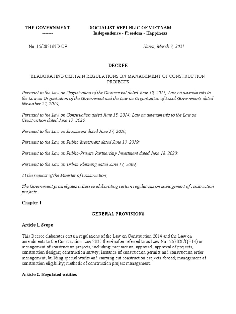 Decree 15-2021 ND-CP MANAGEMENT OF CONSTRUCTION PROJECTS | PDF ...