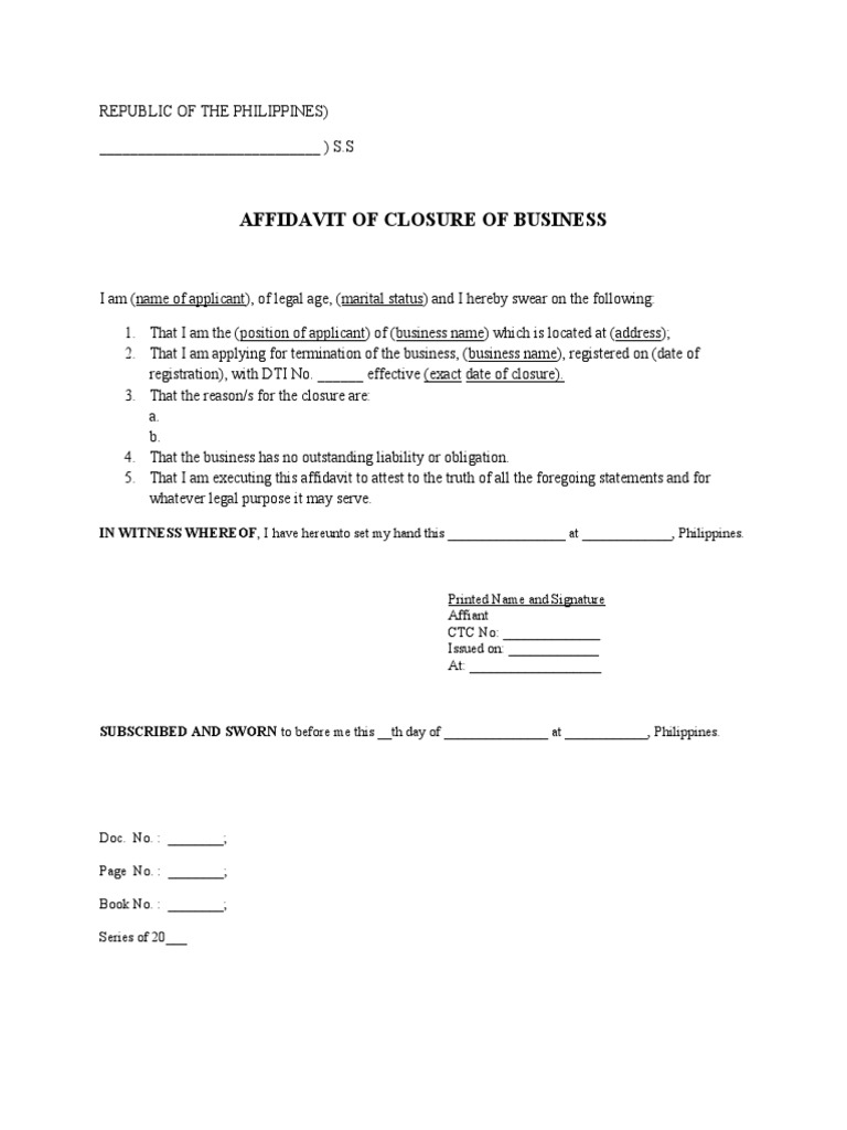 Affidavit of Closure of Business For Sole Proprietors | PDF | Business ...