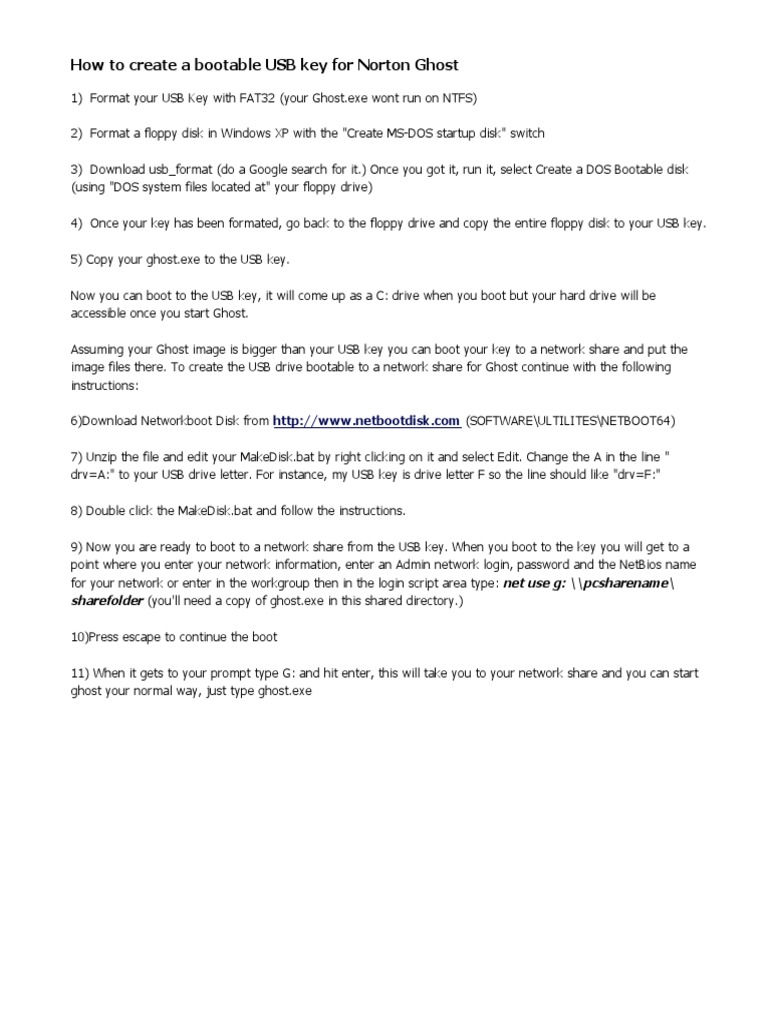 How To Create A Bootable USB Key For Norton Ghost | PDF