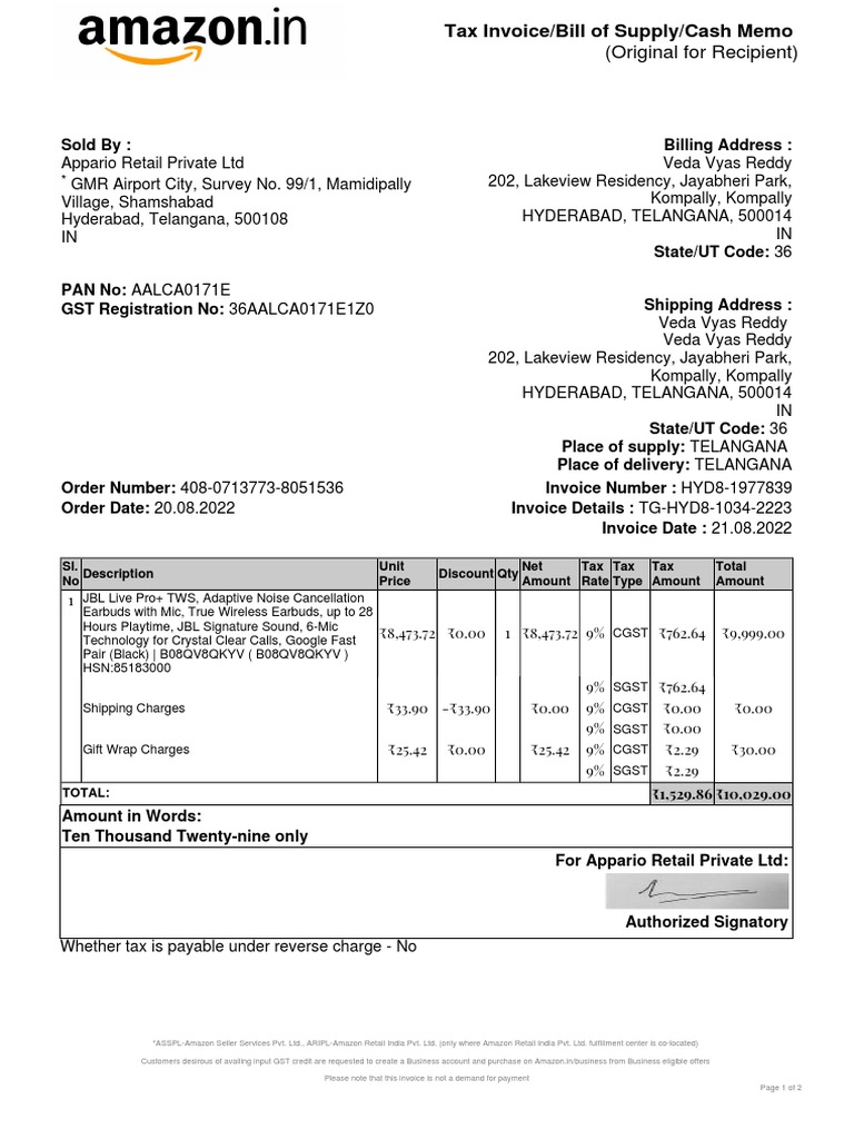 Tax Invoice for the Sale of JBL Live Pro+ TWS Earbuds from Appario ...