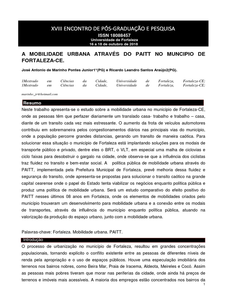 Mobilidade Urbana em Fortaleza: PAITT 2018 | PDF | Cidade | Transporte ...