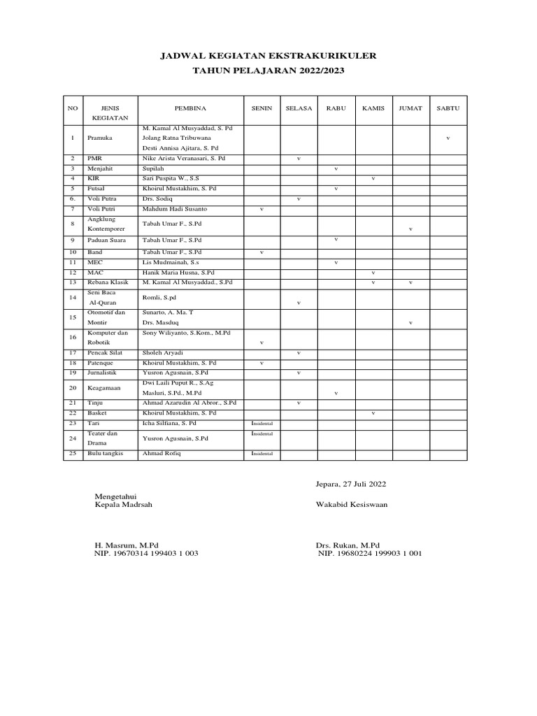 Jadwal Ekstra 20222023 Rev | PDF