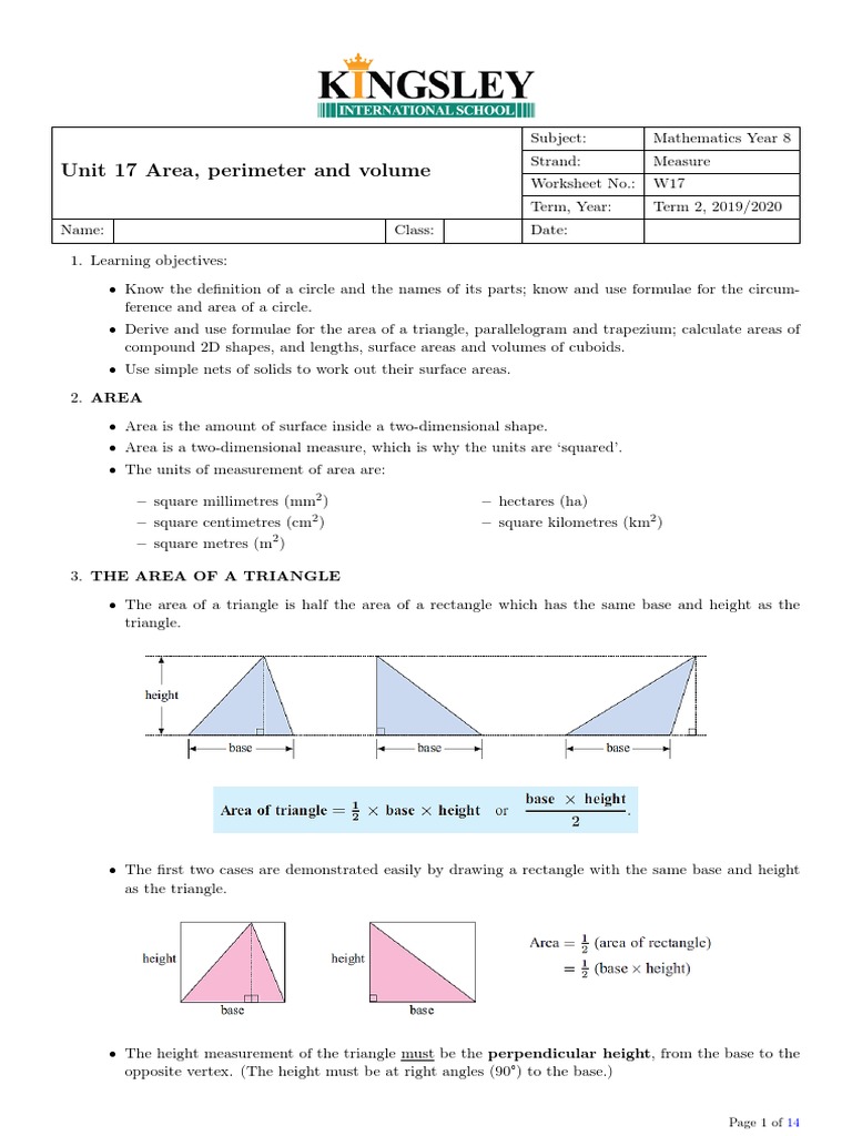 1920 Unit 17 Area, Perimeter and Volume (Worksheet) | PDF | Area | Triangle